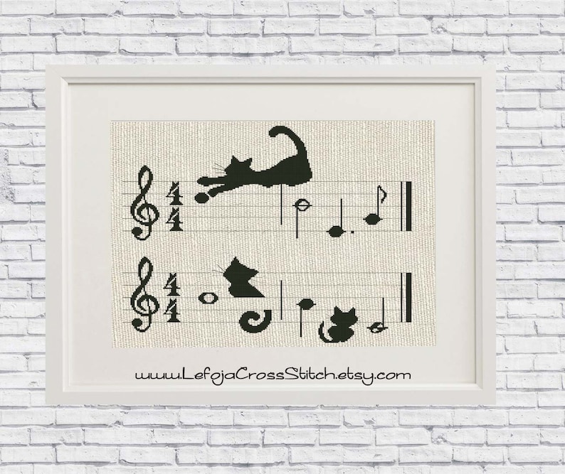 Cats Messing With Notes on a Five Line Cross Stitch Pattern, Music ...