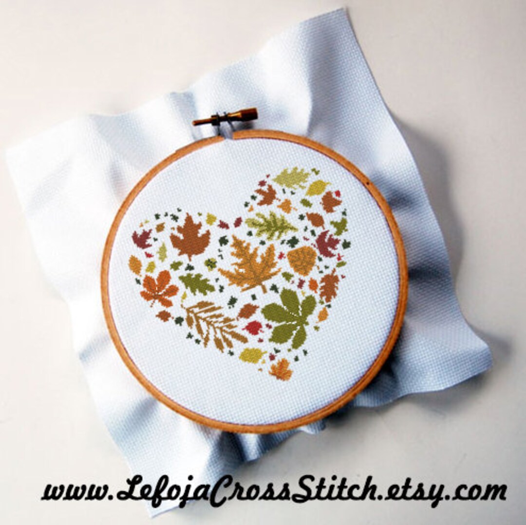 Heart Shaped Contour of Fall Autumn Leaves Modern Cross Stitch Patter ...