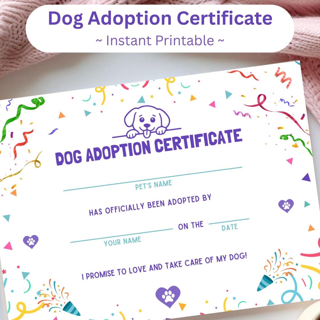 Dog Adoption Certificate, Adopt A Dog Cert, New Pet Printable Form ...