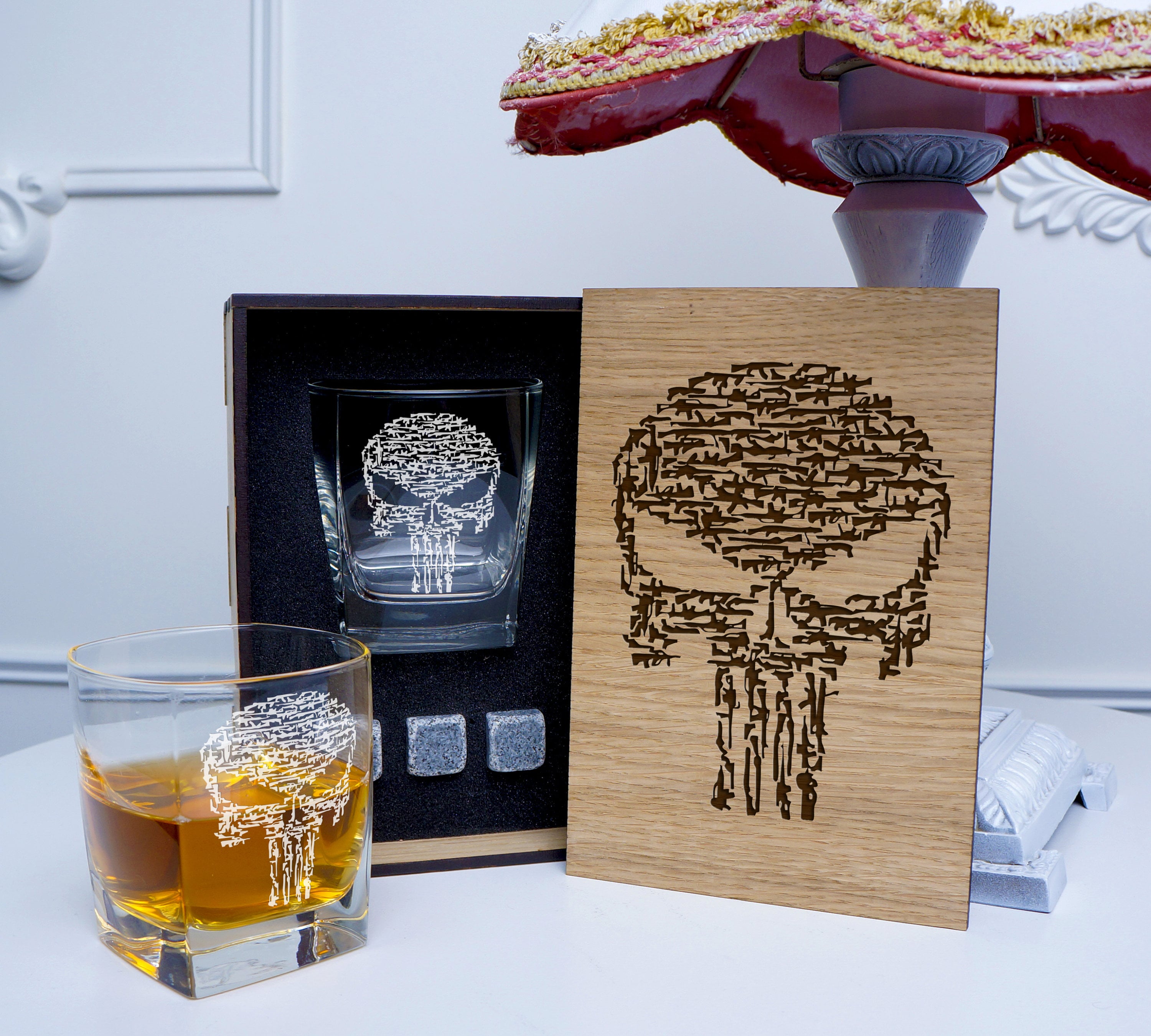 Skull Whiskey Gift Set in Wooden Box Guns Skull Skull With | Etsy