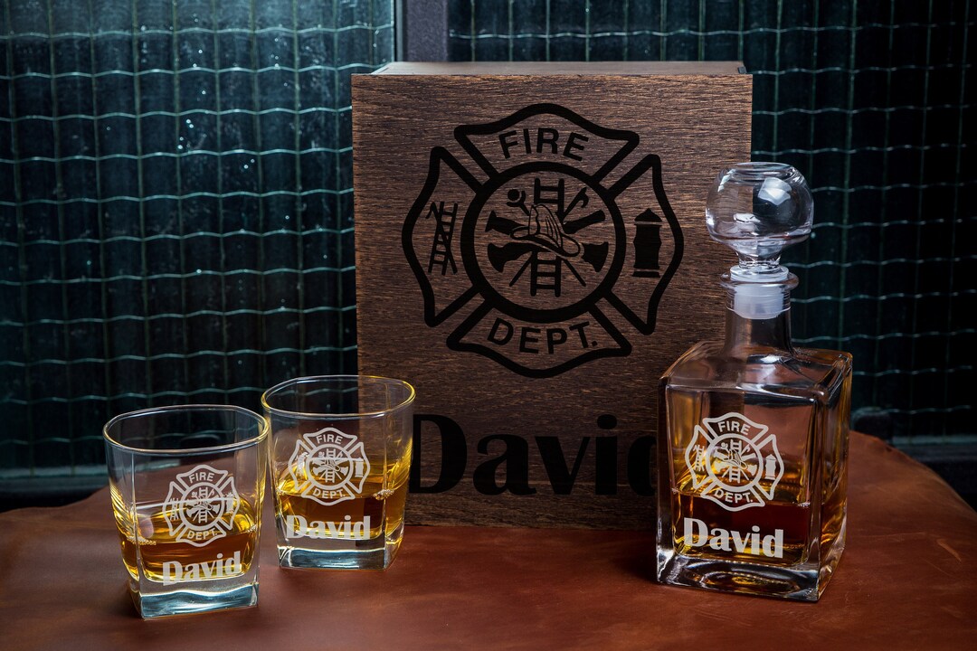 Personalized Firefighter Whiskey Decanter Set: Bourbon Glasses, Wood ...
