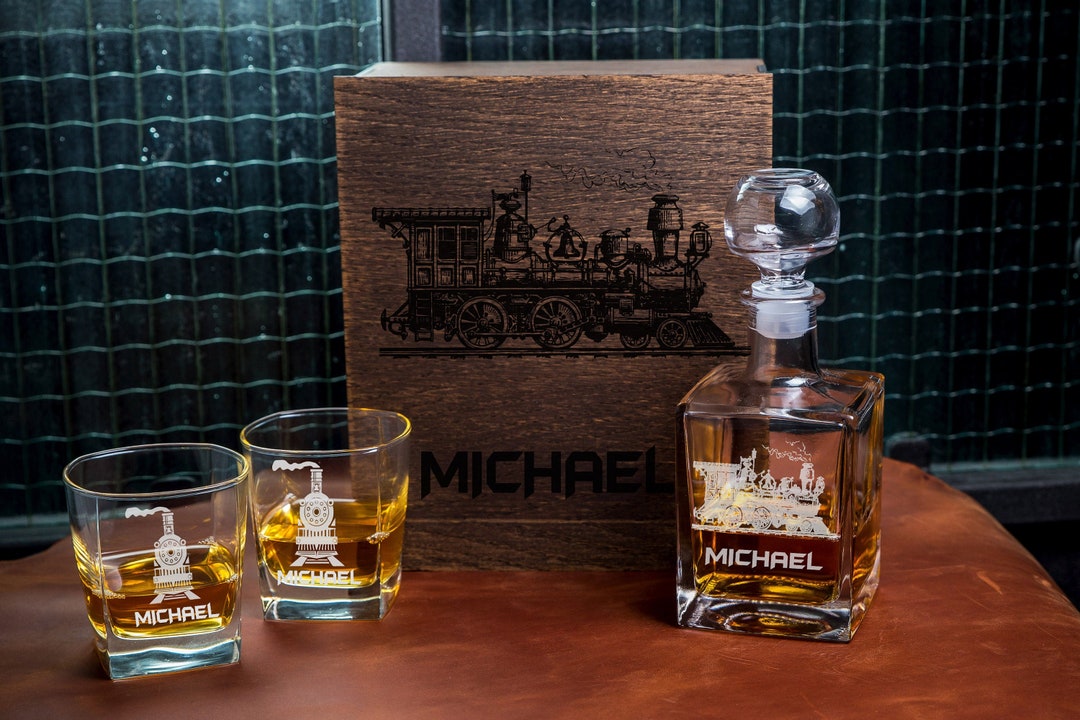 Vintage Train Personalized Whiskey Decanter Set: Oak Box Option - Etsy