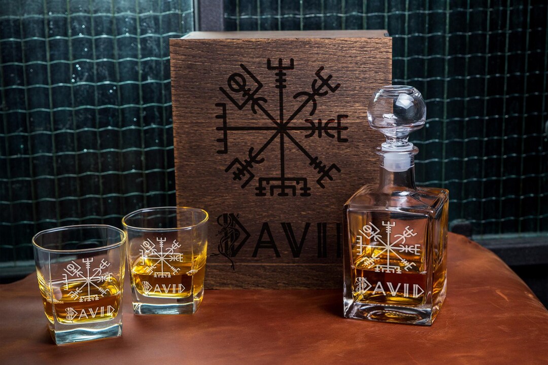 Personalized Whiskey Decanter Set: Viking Compass, Bourbon Glasses ...