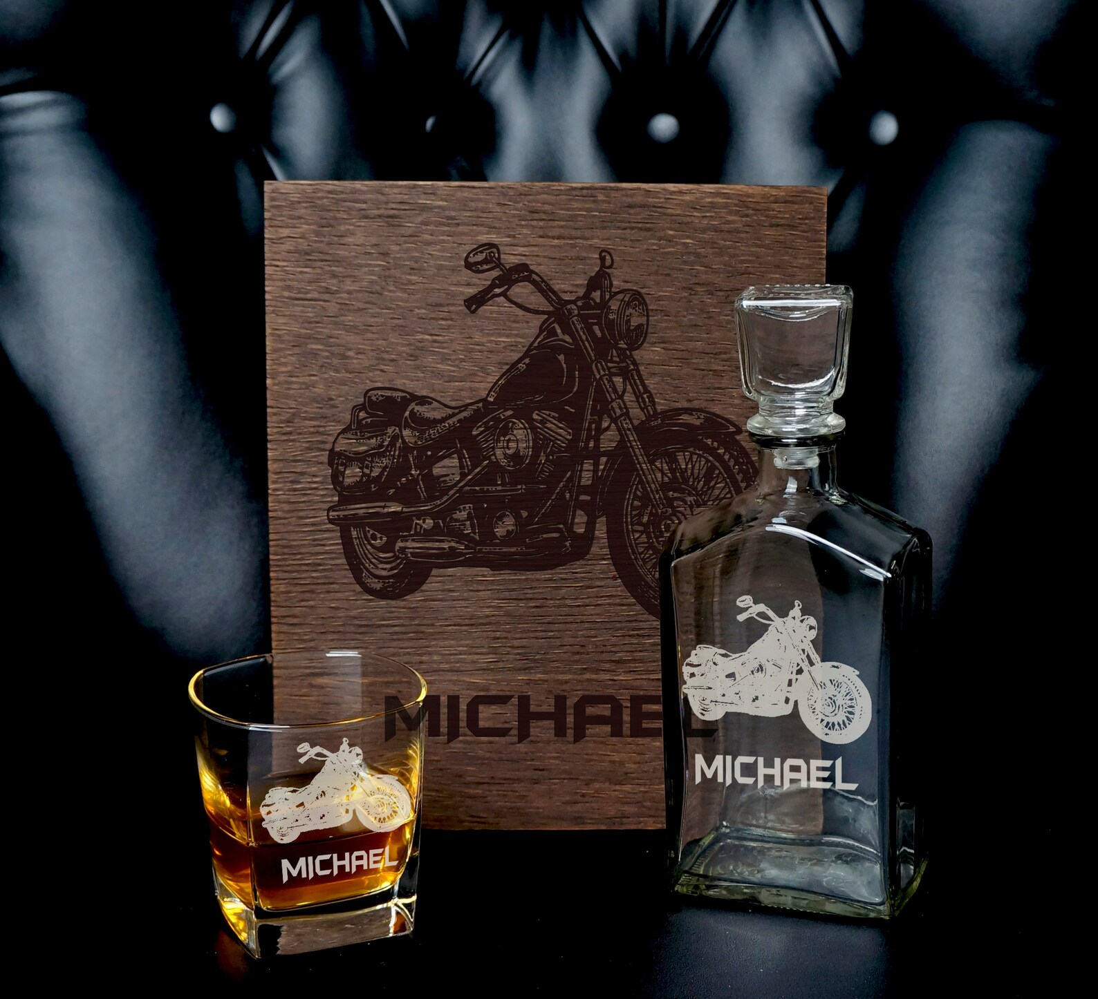 Personalized Motorcycle Decanter Set: Whiskey Glasses & Wood Box - Etsy