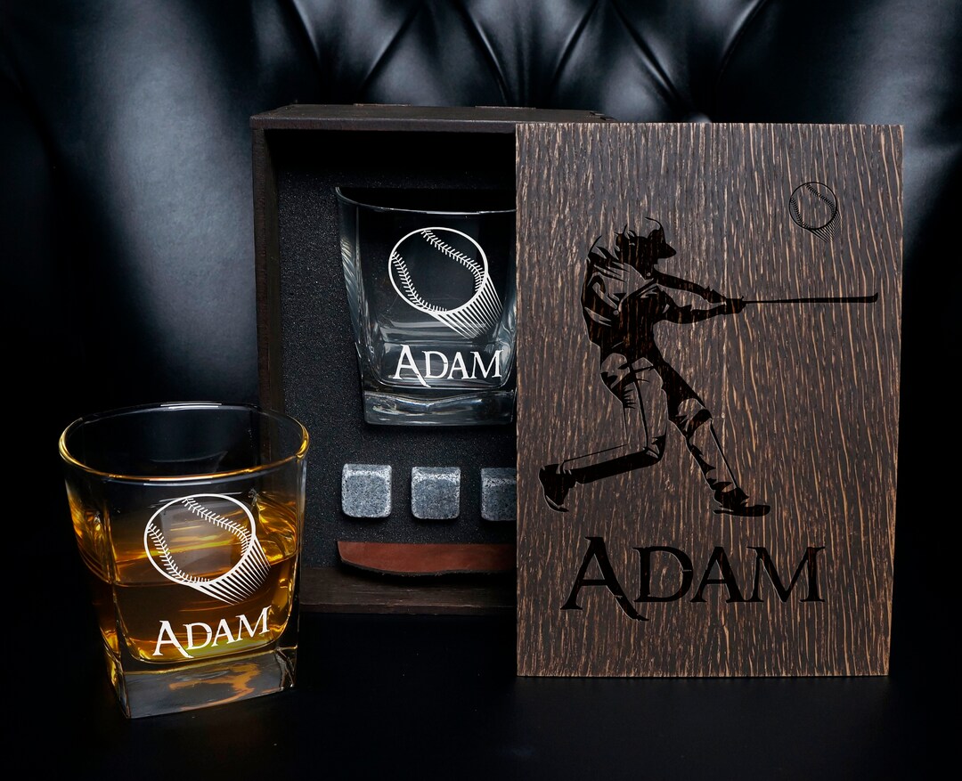 Personalized Baseball Whiskey Glass Set: Engraved Oak Box, Coaster ...