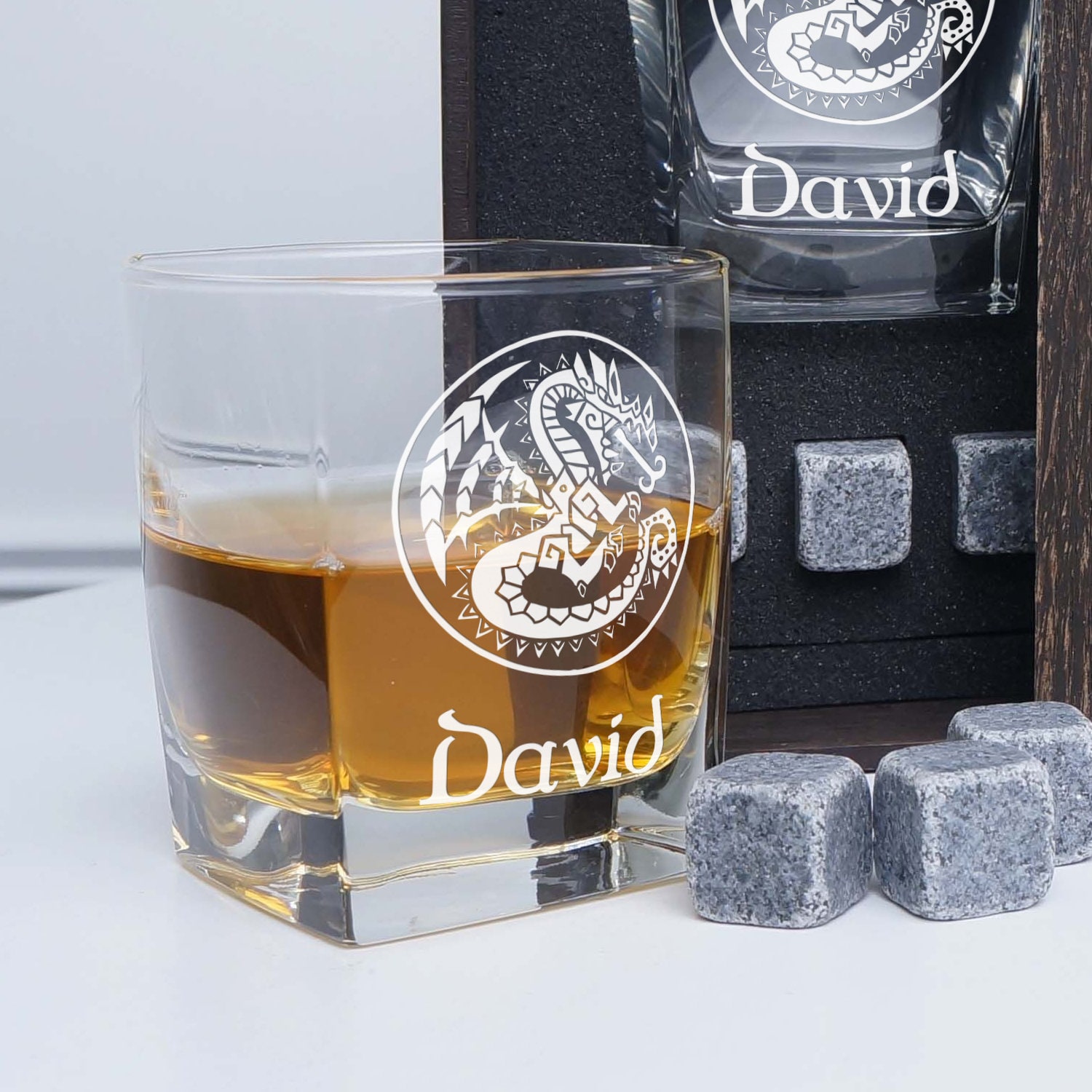 Personalized gift whiskey gift set in wood box glass gifts | Etsy