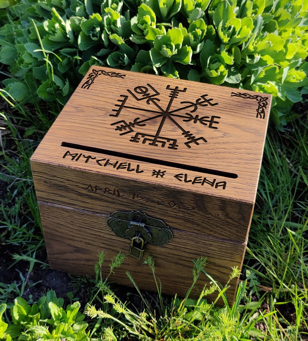 Personalized Viking Wedding Card Box, Laser Engraved Oak Wood Money ...