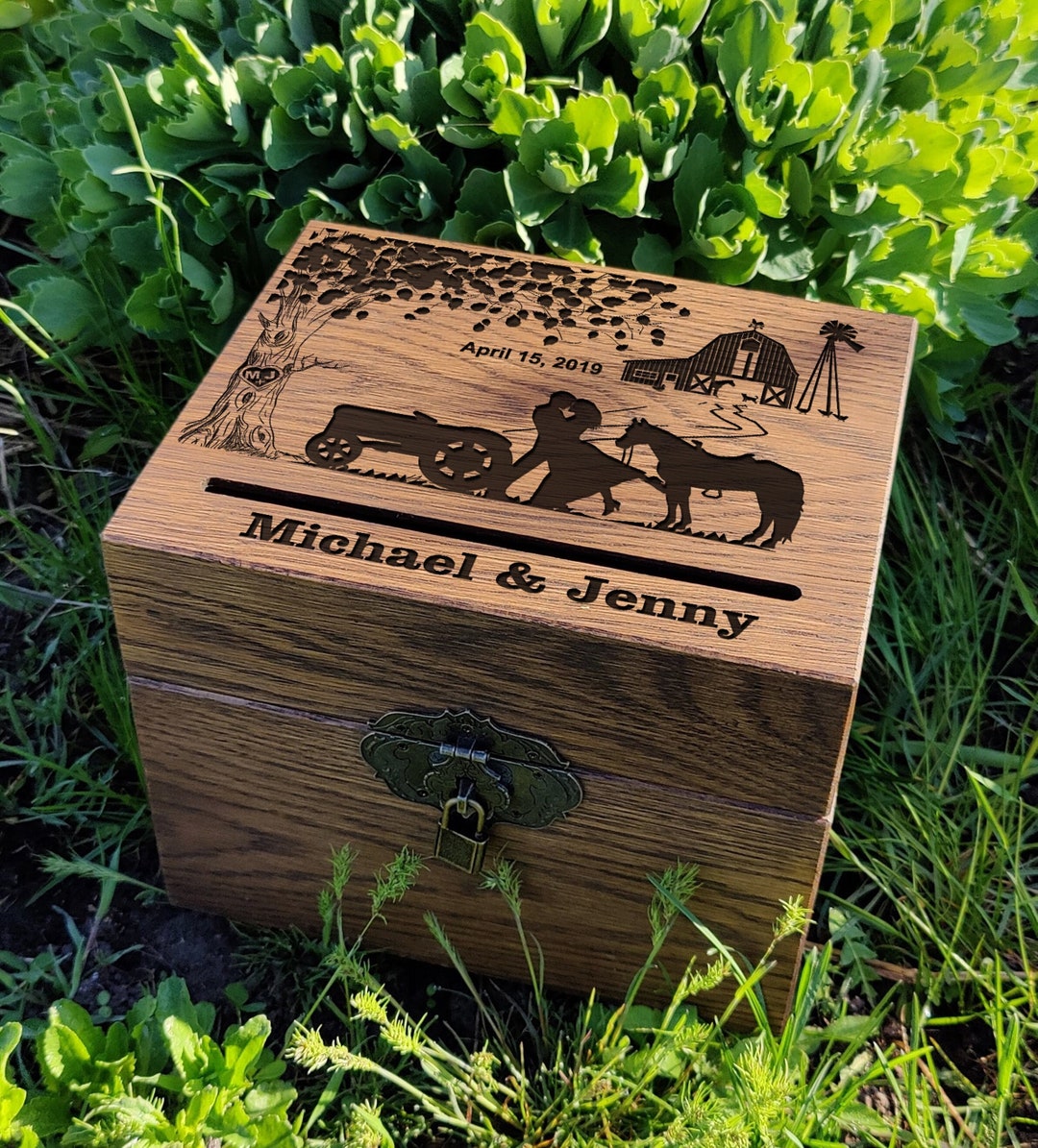 Personalized Rustic Oak Wedding Card Box: Tractor & Cow Country Theme ...