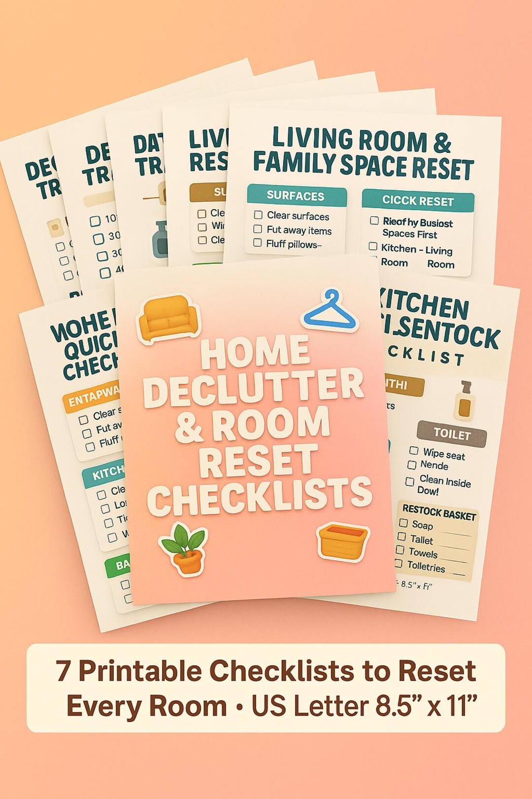Home Declutter Room Reset Checklists | 7 Page Printable Cleaning ...