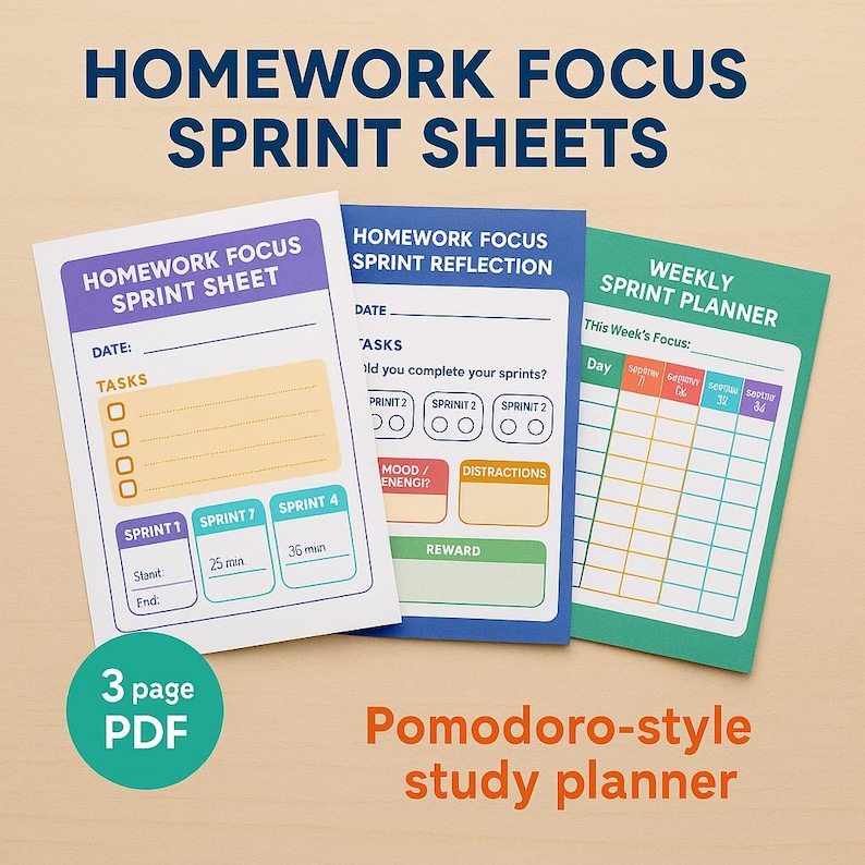 Homework Focus Sprint Sheets Printable | Pomodoro Study Planner, Weekly ...