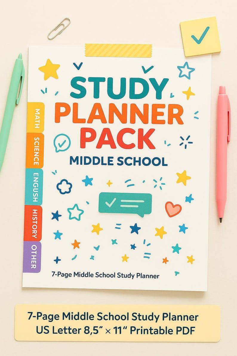 Middle School Study Planner Pack Printable | Homework Tracker, Weekly ...
