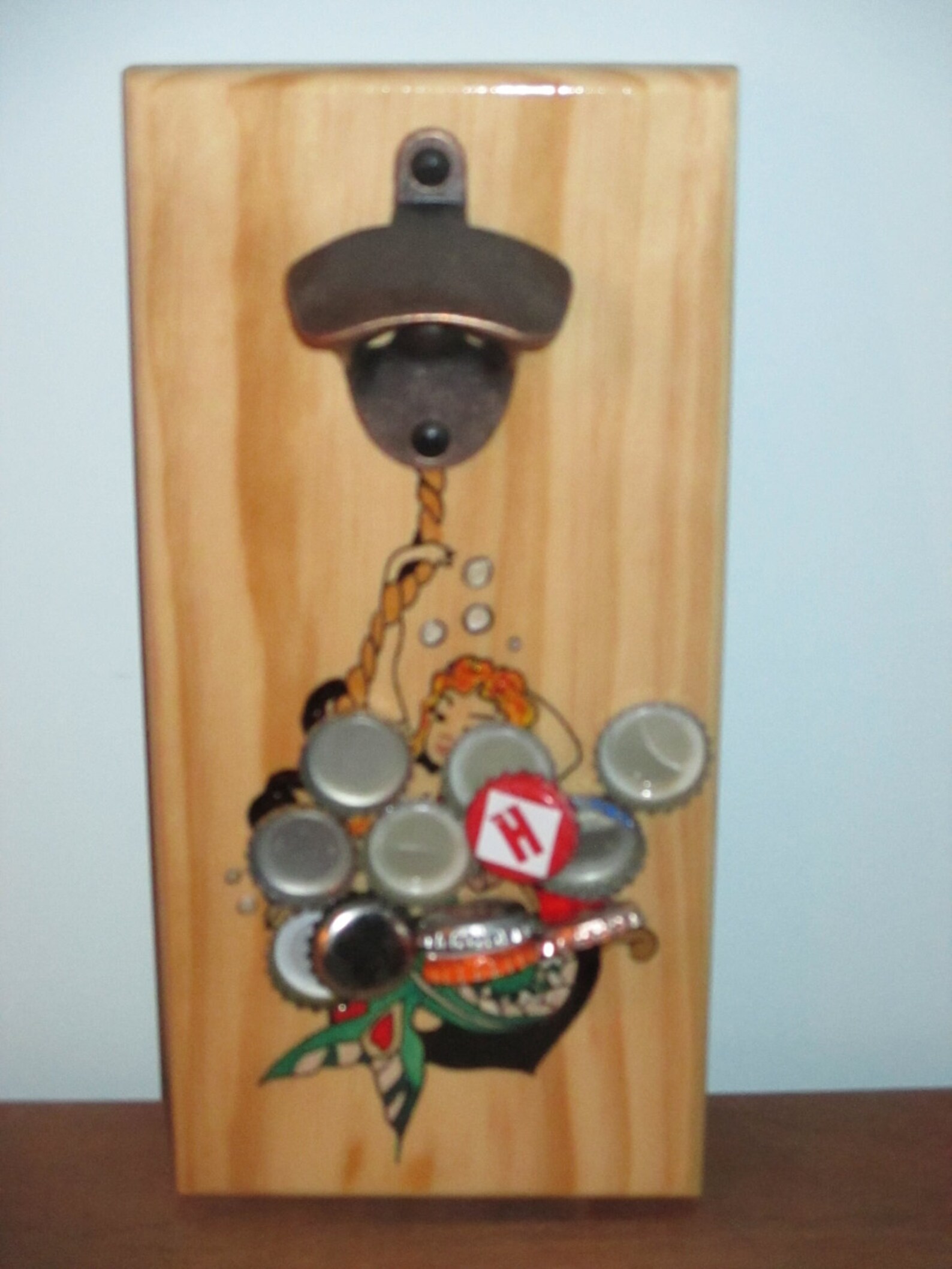 Mermaid on Rope Sailor Jerry Tattoo-like Wooden Wall Mounted Bottle ...