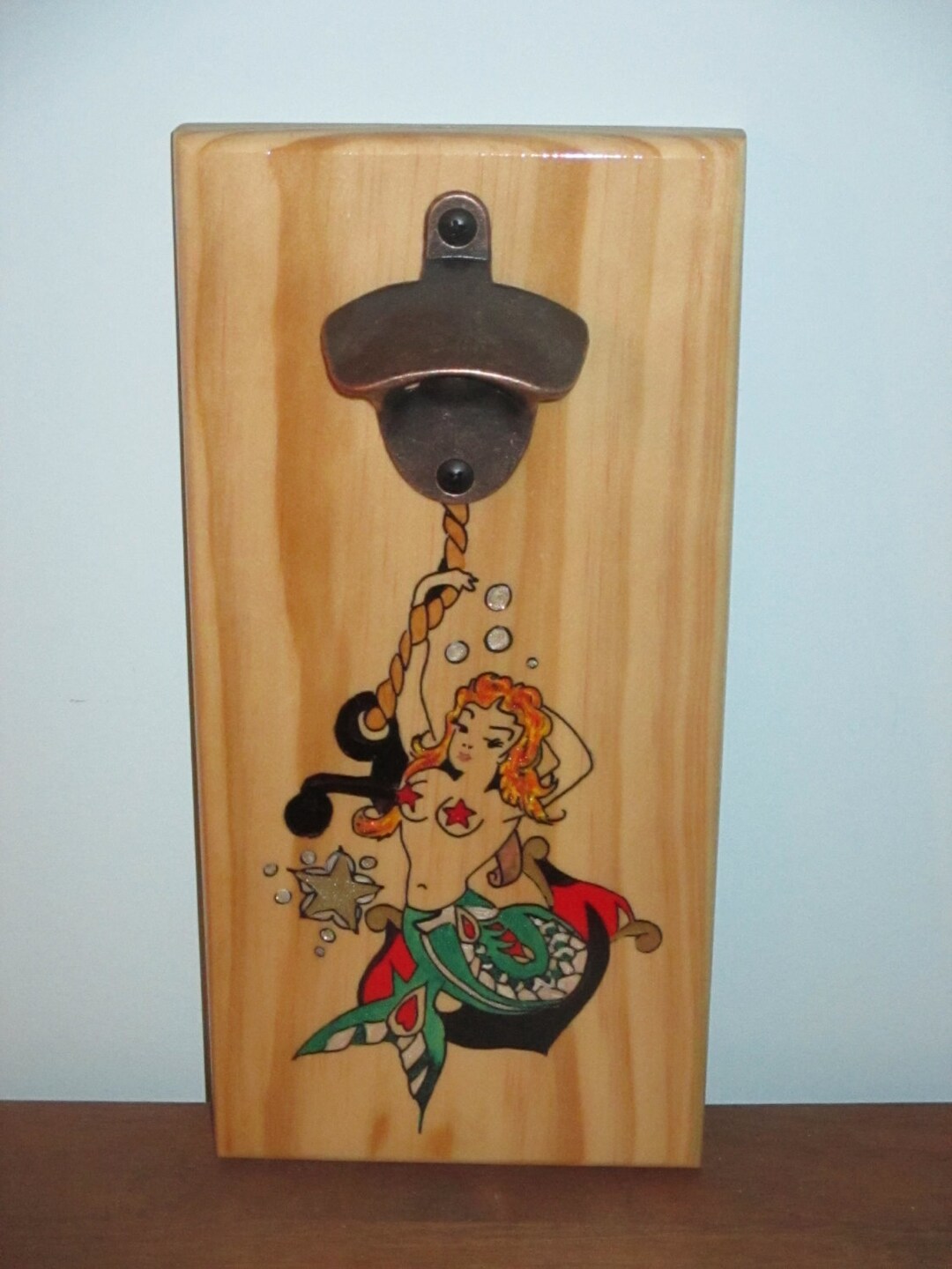 Mermaid on Rope Sailor Jerry Tattoo-like Wooden Wall Mounted Bottle ...