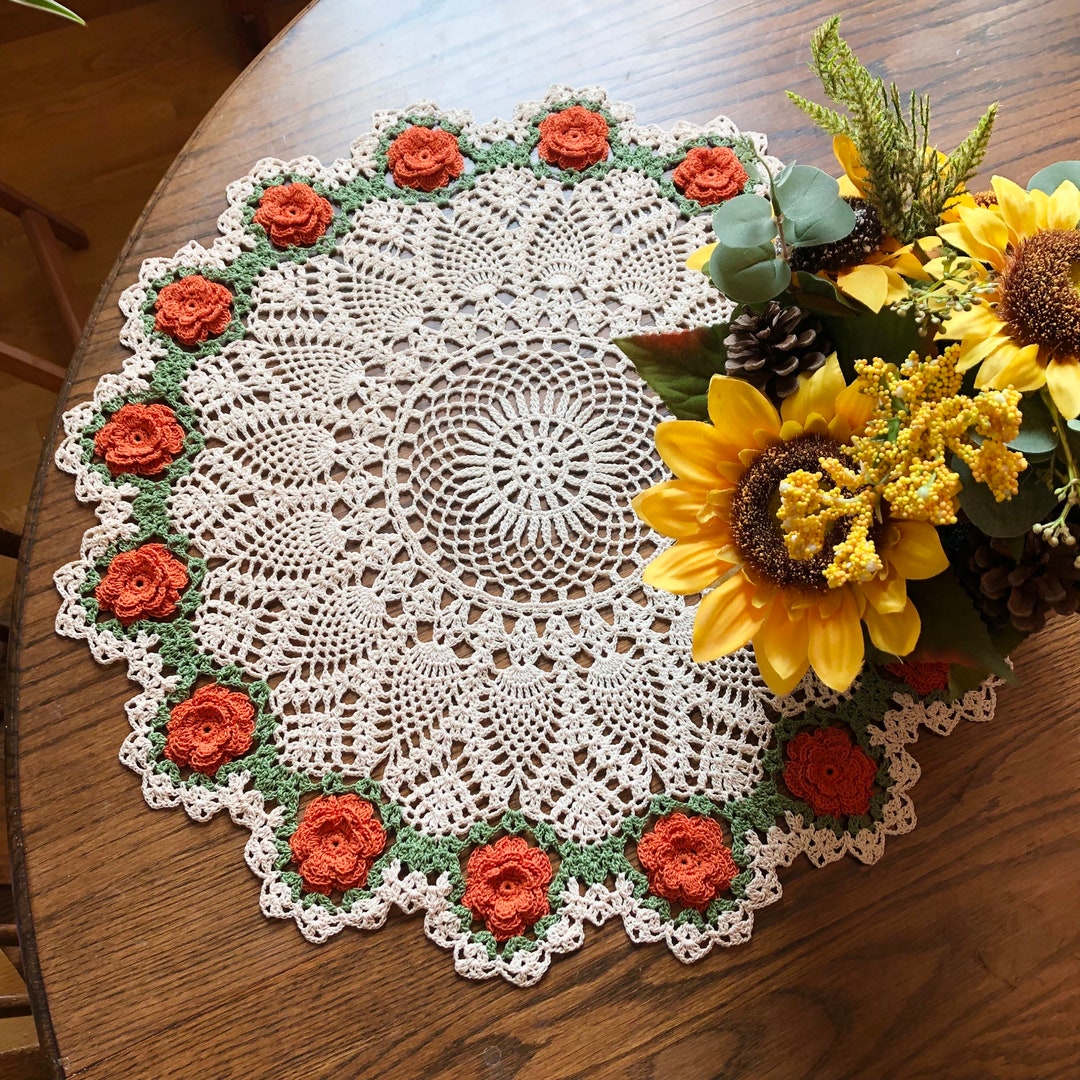Crochet Fall Doily: Orange Floral Centerpiece, 22-inch Diameter, Round ...