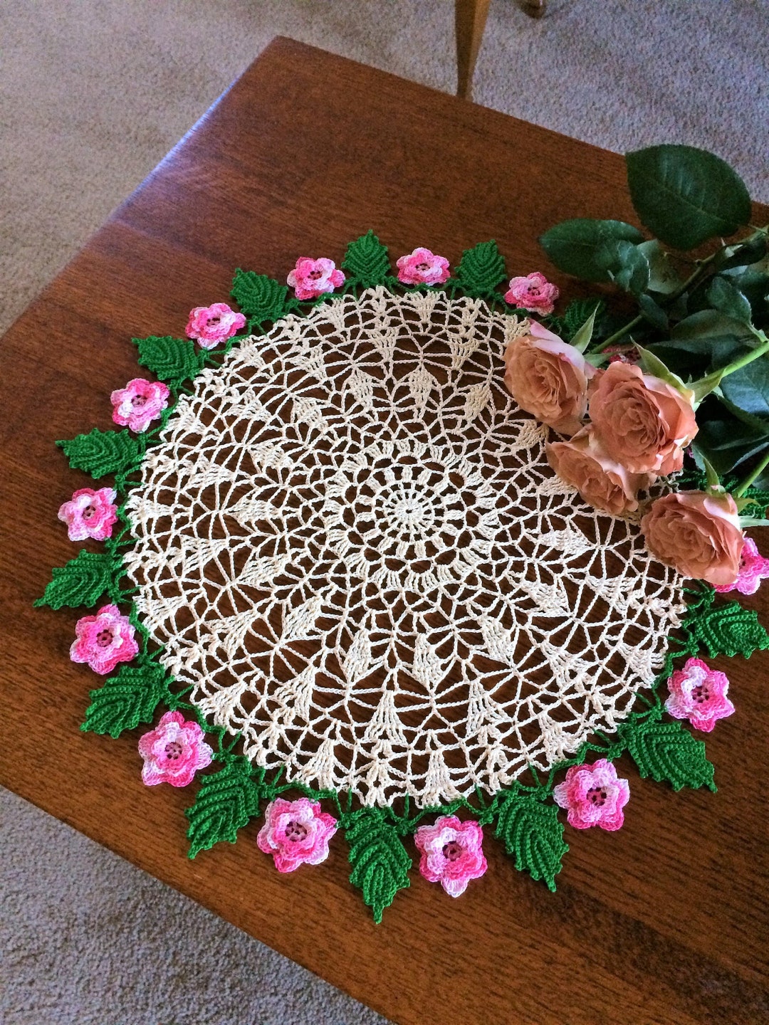 Crochet Doily, Made to Order Doily, Crochet Pink Rose Doily, Crochet ...