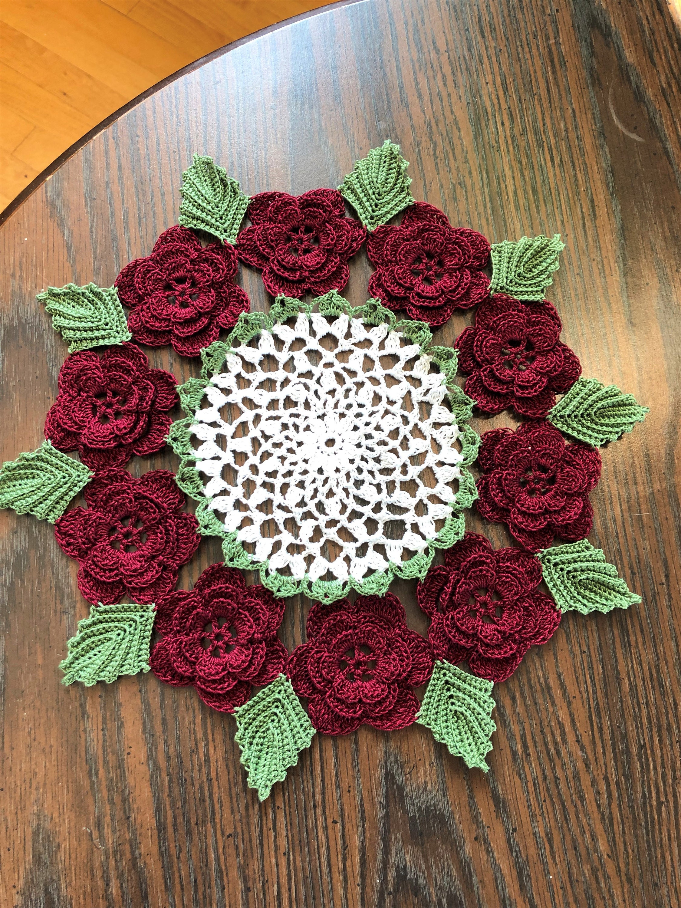 Crochet Rose Doily: 12 Inch Burgundy Flower Centerpiece - Etsy