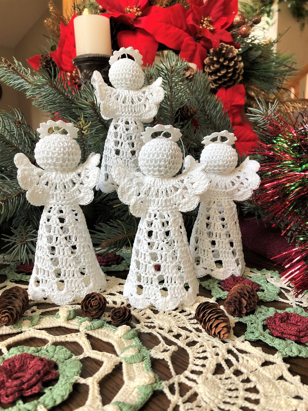 Crochet Angels, A Set of 4 White Angels, Angel Tree Ornaments ...
