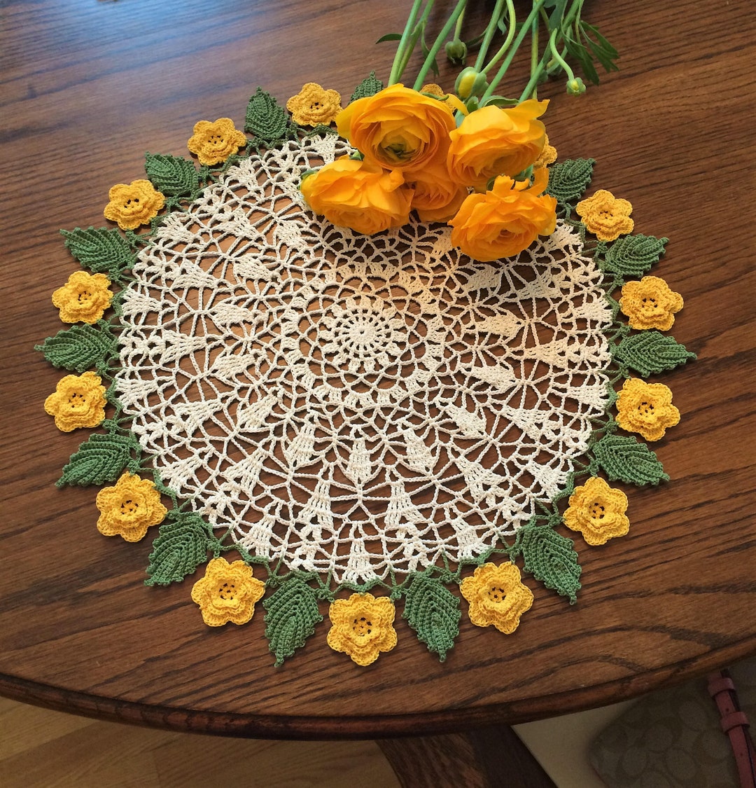 Crochet Doily Made to Order Crochet Rose Doily Roses and Leaves Doily ...