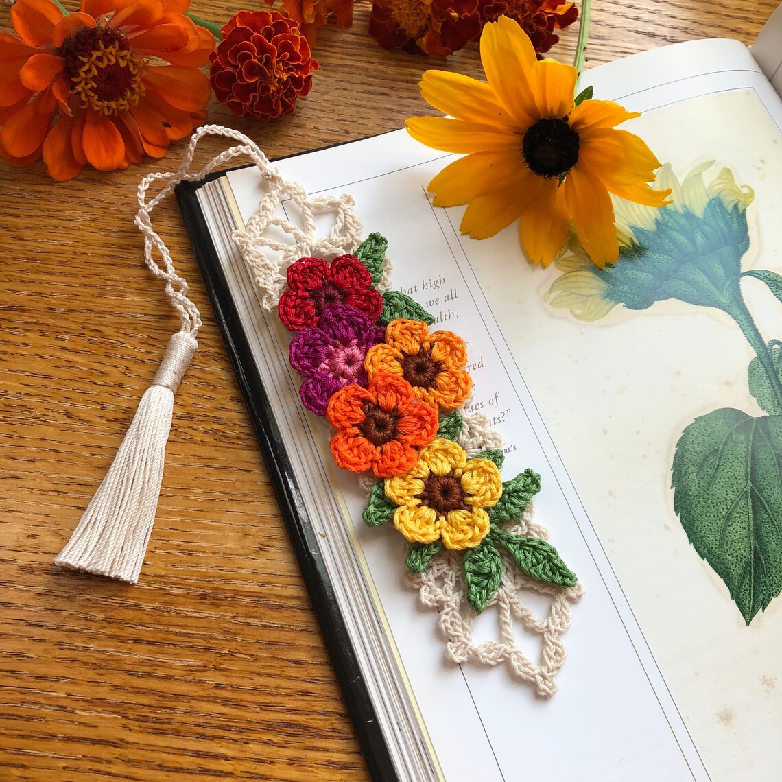 Crochet Floral Bouquet Bookmark: Handmade Cotton Fall Colors, Bookmarks ...
