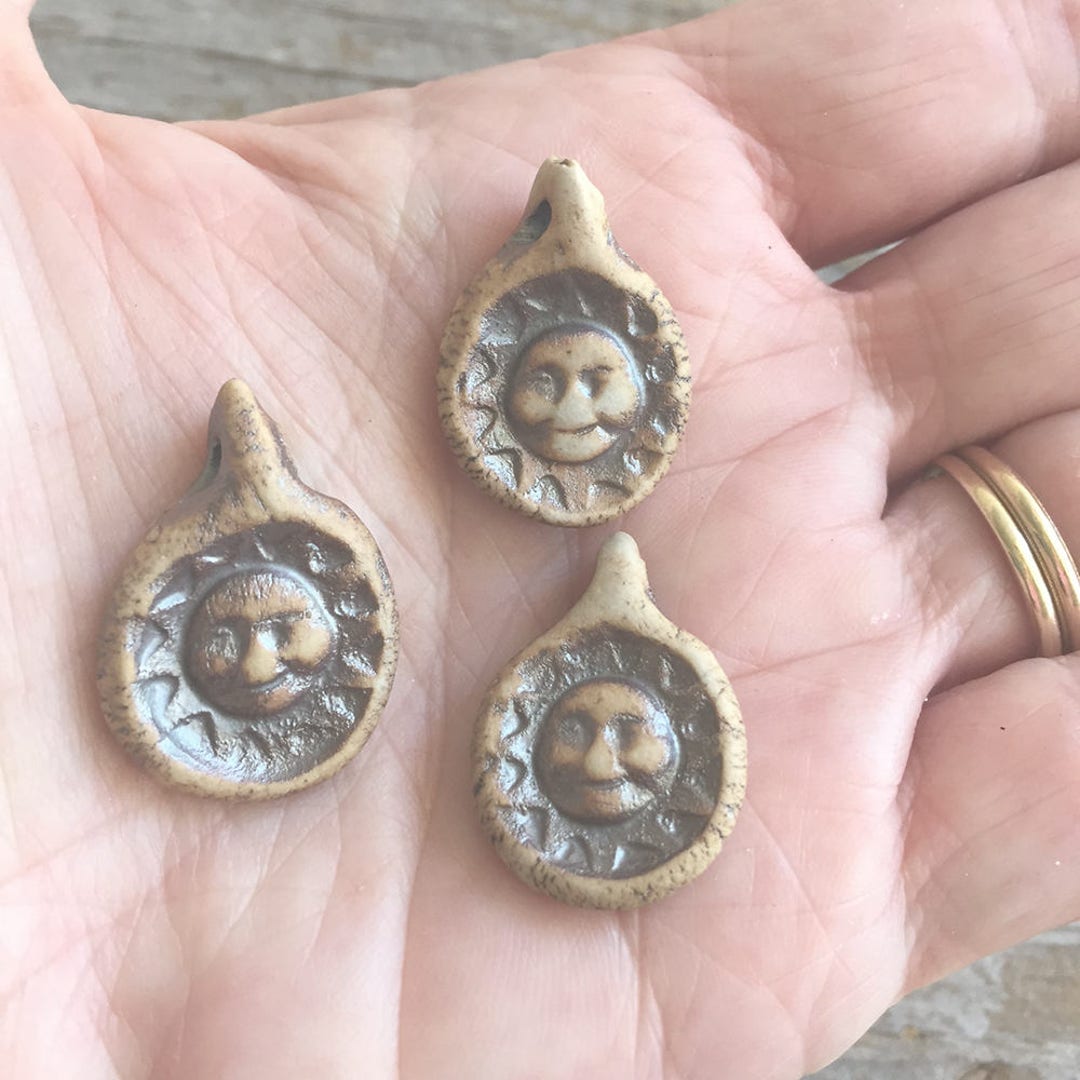 Sun Pendant, Carved Sun Face Clay Pendant, Kiln Fired Sun Charms/ Sun ...
