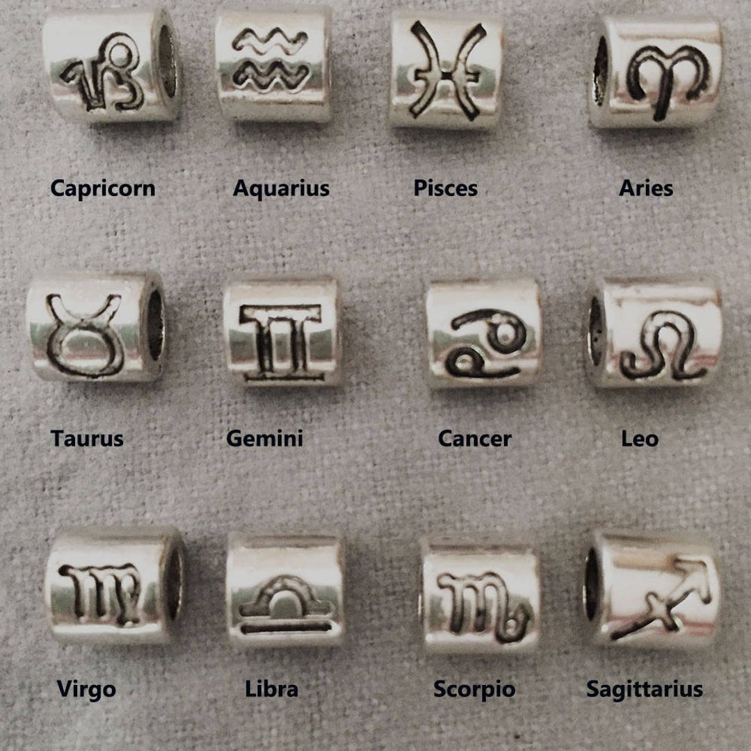 Zodiac Beads Set/ Astrology Signs/ Set 12 Silver Tone Astrology Symbol ...