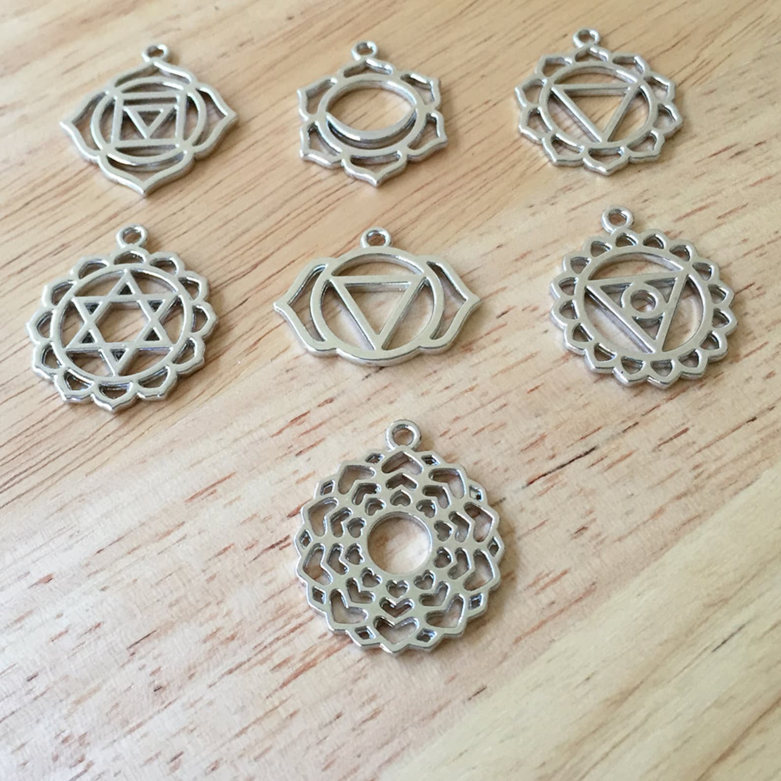 Set of 7 Chakra Charms/ Silver Chakra Pendants/ Chakra Symbols COL103 ...