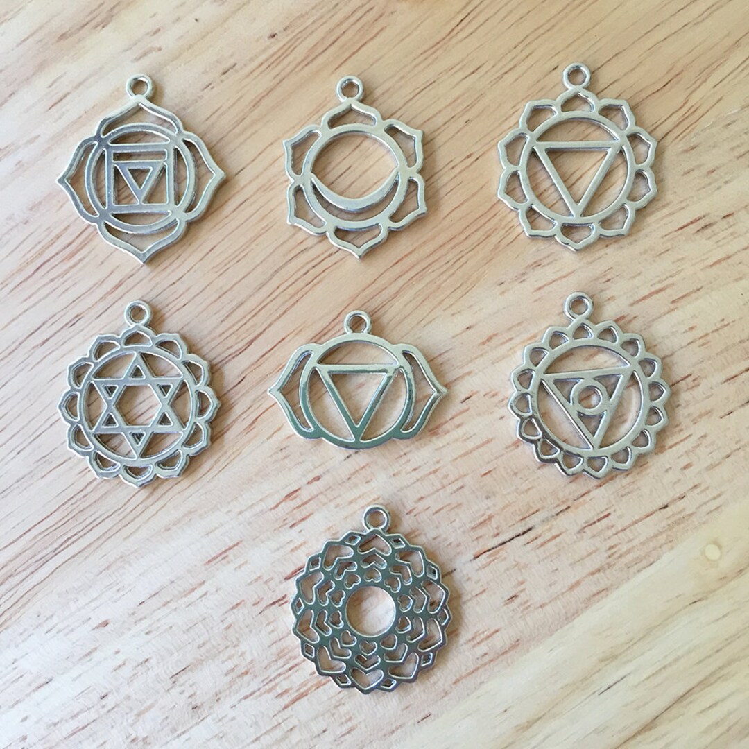 Set of 7 Chakra Charms/ Silver Chakra Pendants/ Chakra Symbols COL103 ...