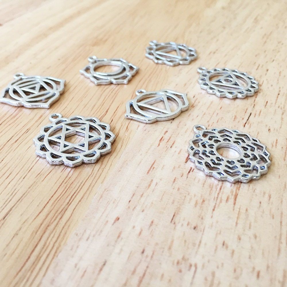 Set of 7 Chakra Charms/ Silver Chakra Pendants/ Chakra Symbols COL103 ...