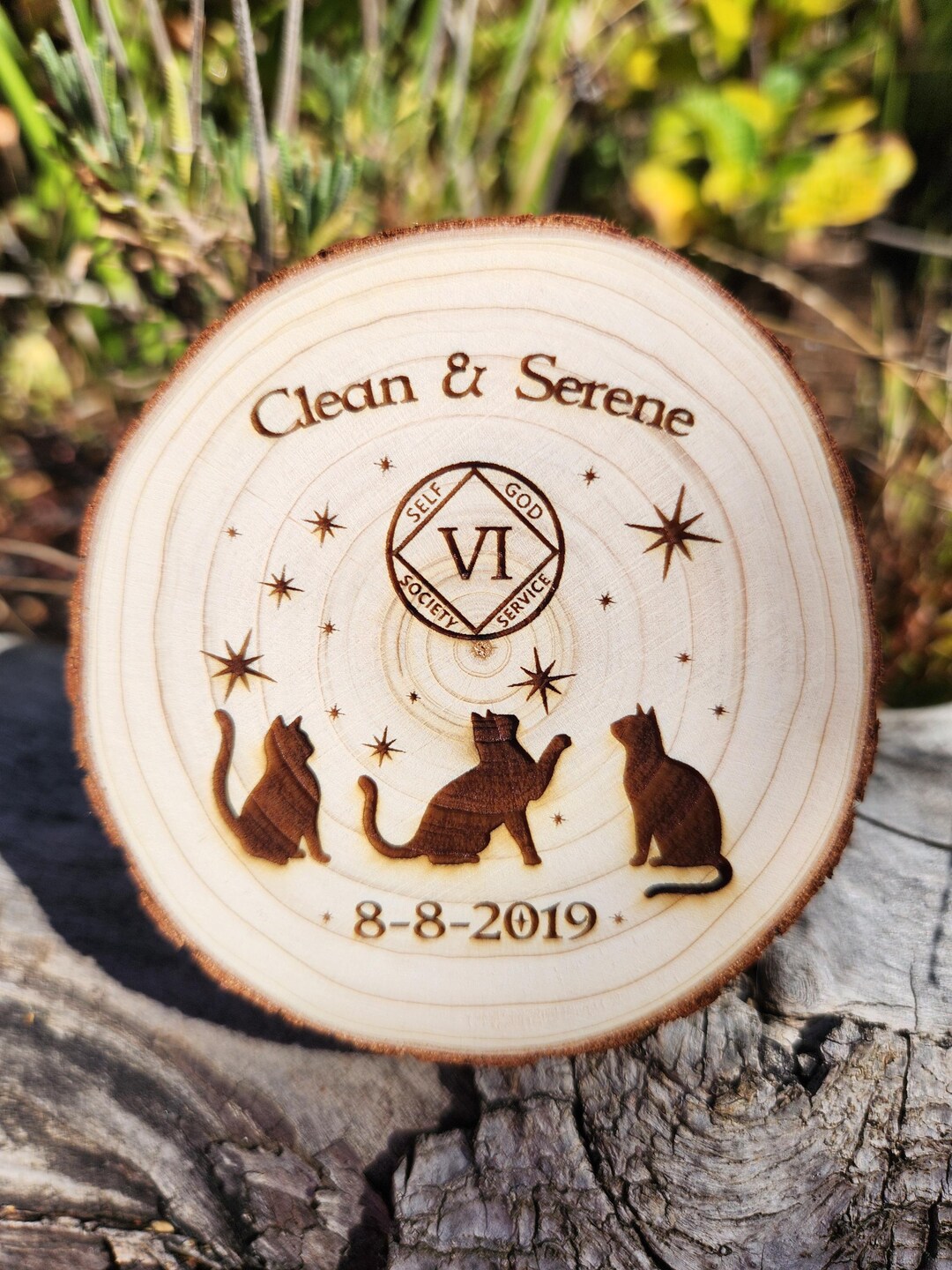 3 Clean & Serene Cats Custom Sobriety Gift Recovery Milestone Wood Chip ...