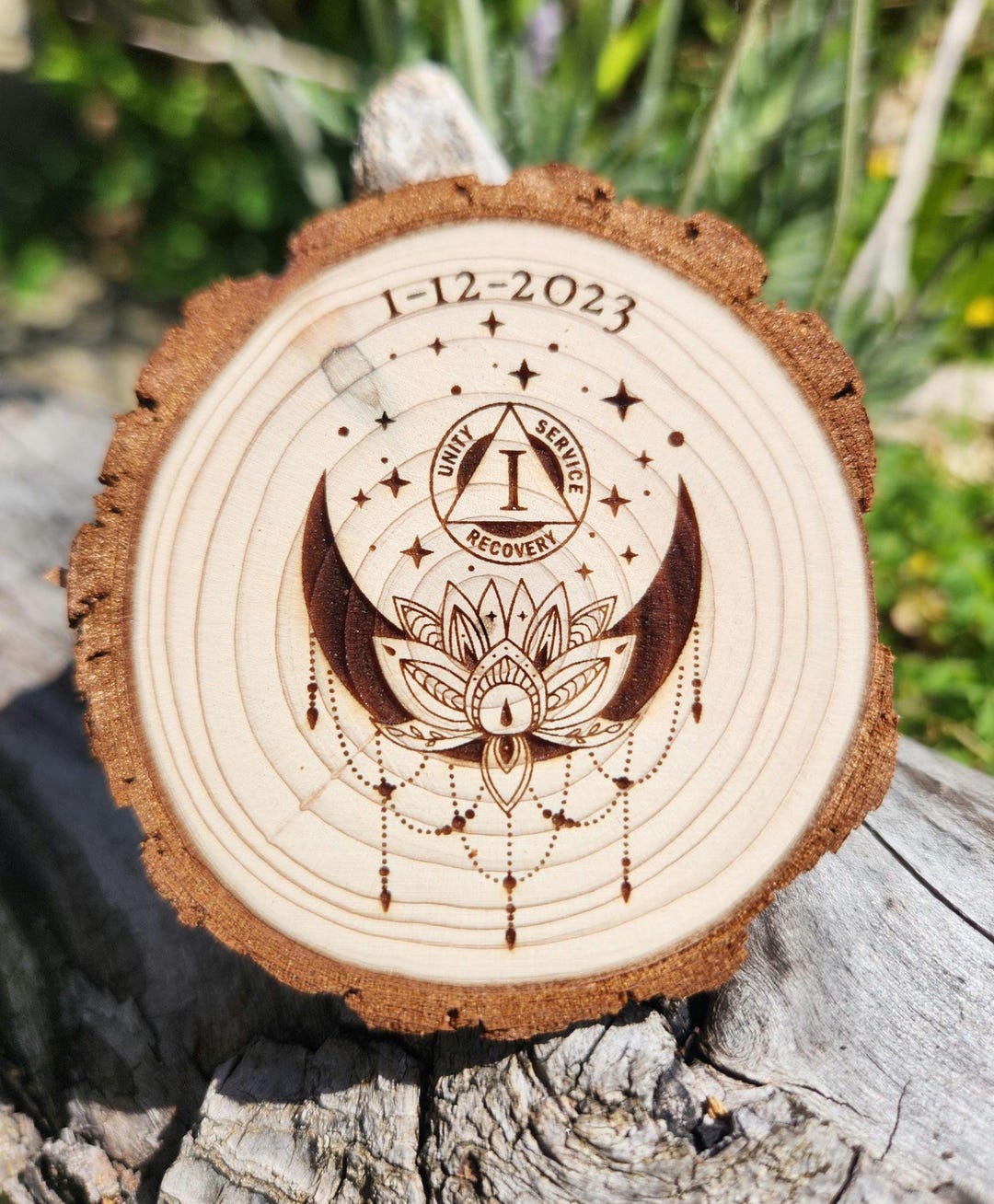 Magic Moon Lotus Custom Sobriety Wood Chip W/date, Sober Birthday Anniversary AA NA Tag Coin ...