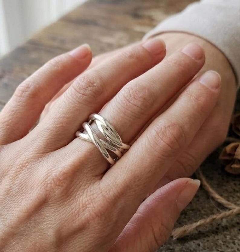 Multilayer Cross Over Statement Ring, Chunky Stainless Steel Band ...
