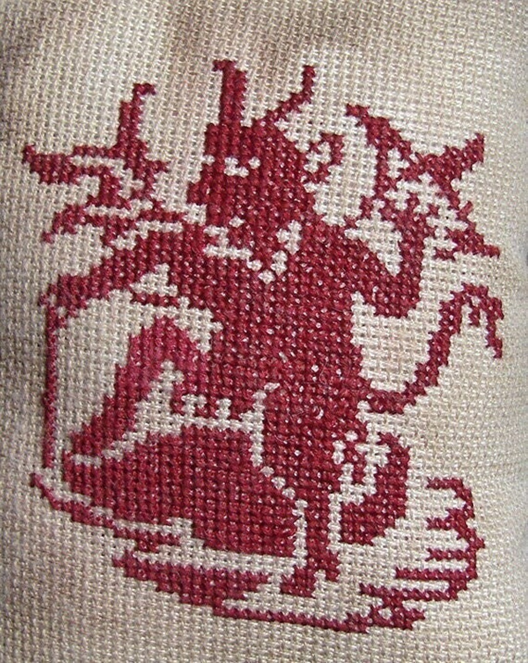 Winged Devil Handmade Cross-stiched Mini Pillow, Coffee Dyed Primitive ...