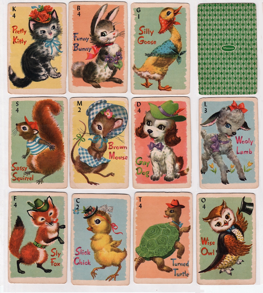 Colorful Vintage Animal Rummy Cards | JPEG | Cute Cat, Owl, Mouse ...