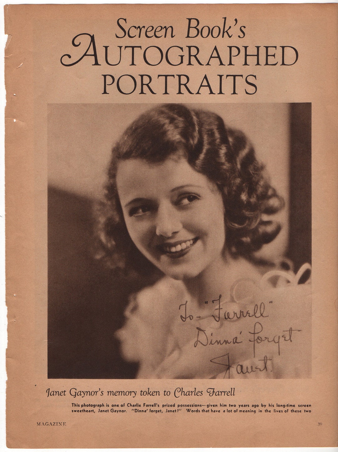 Janet Gaynor "autographed" Photo From 1930s Screen Book Magazine ...