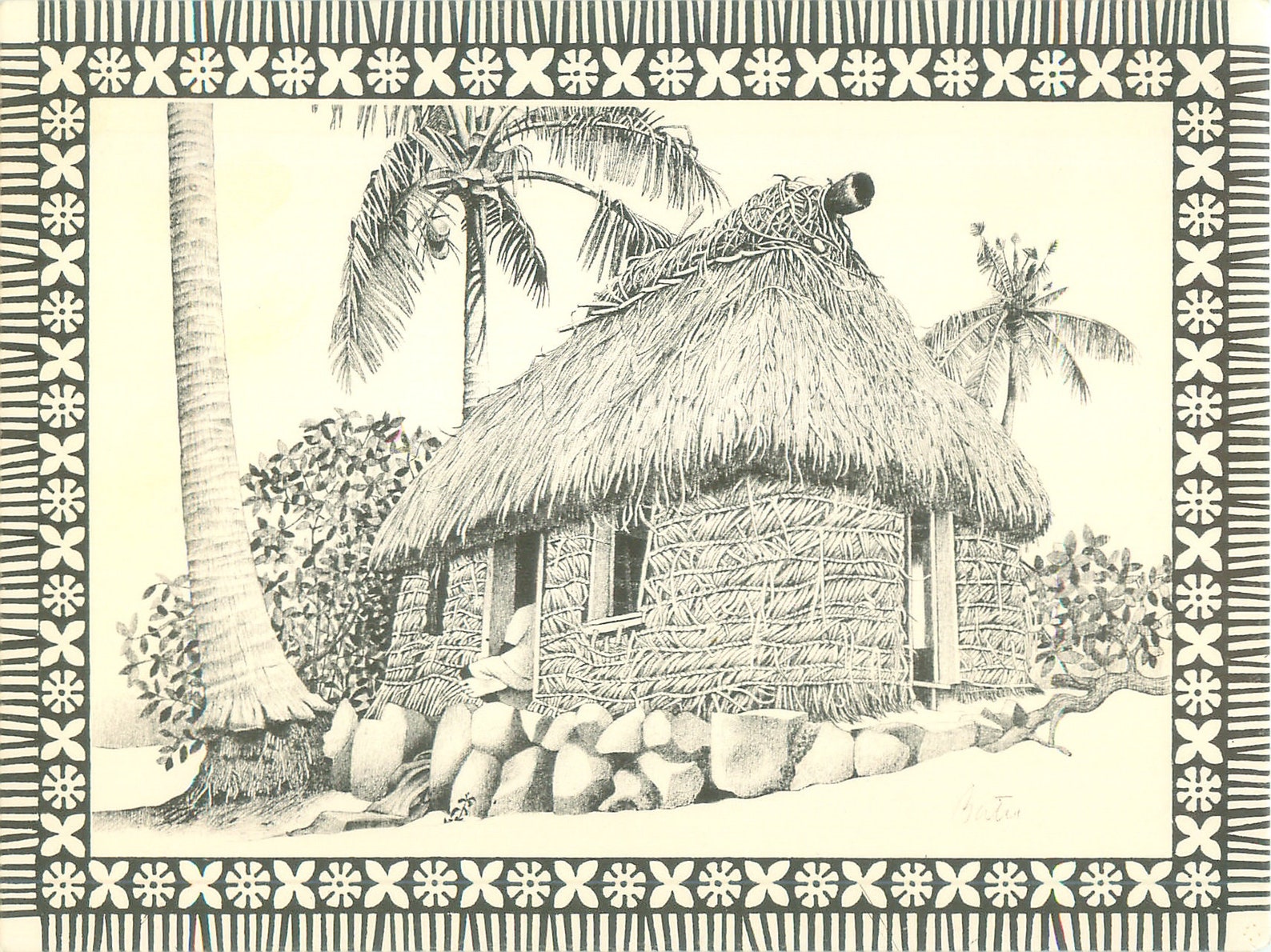 Fiji Postcard Drawing of Fijian Bure House by Bill Bates | Etsy