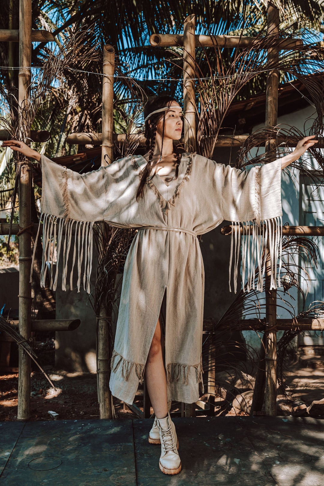 Beige Bohemian Dress/festival Fringe Dress/v-neck Dress/open Back Dress ...
