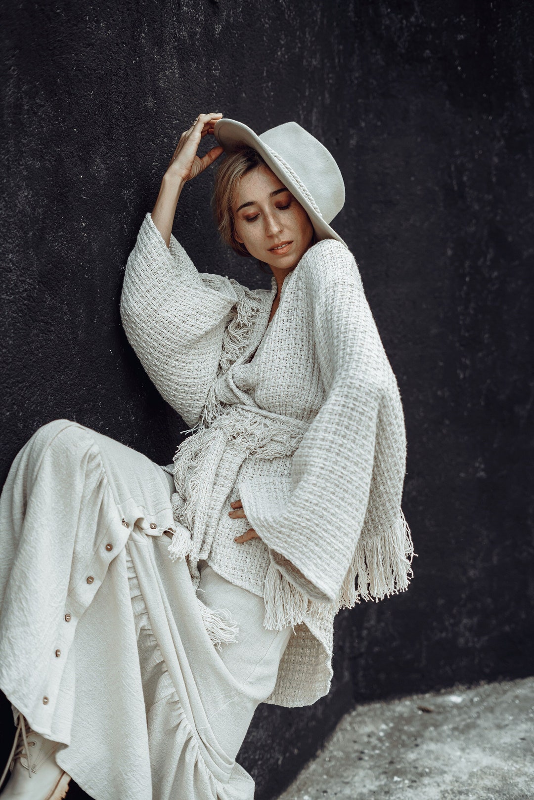 Boho Kimono Jacket/bohemian Cover Up/off White Organic Kimono Cardigan ...