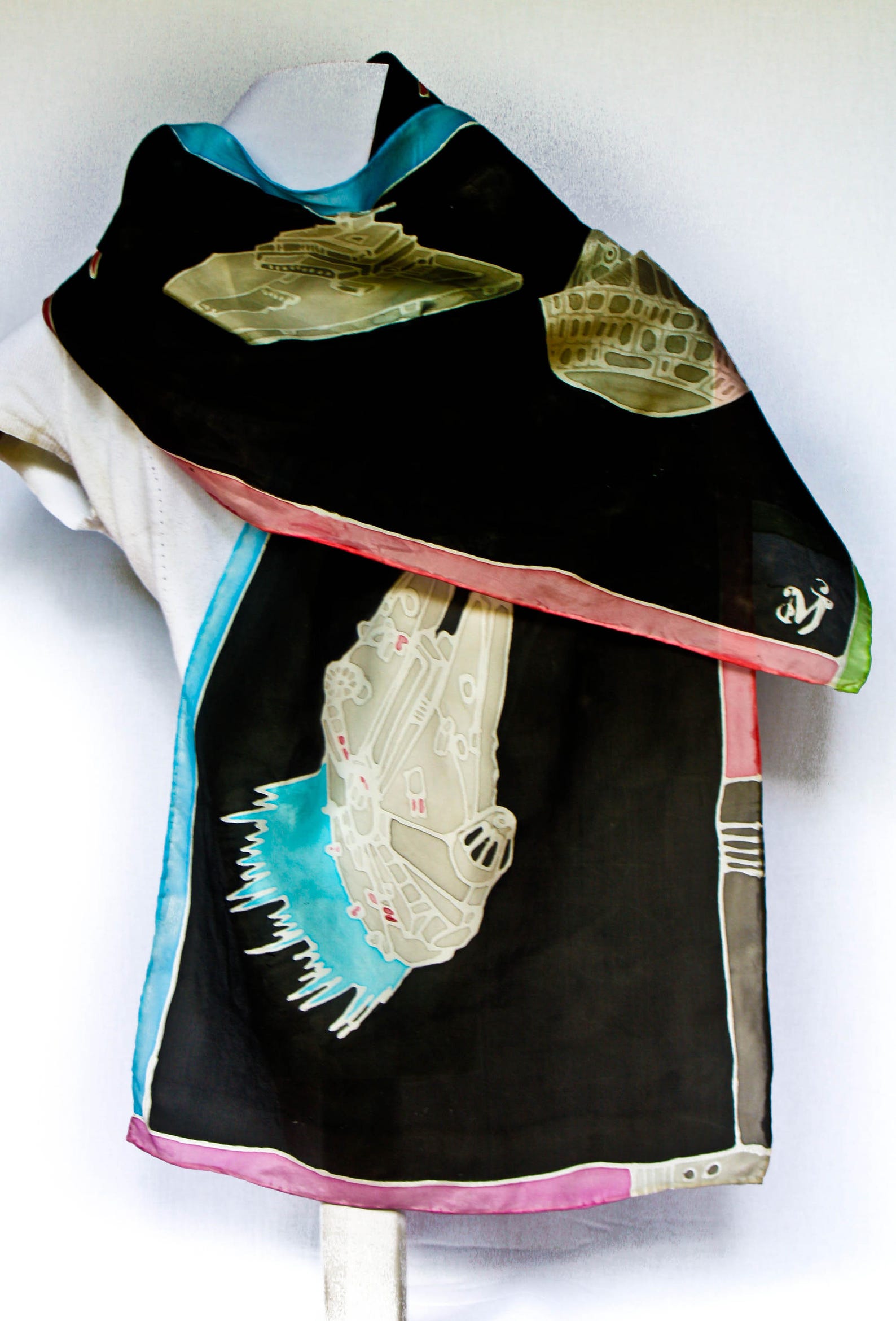 Hand Painted Star Wars Silk Scarf. Millennium Falcon. Death Star. Star ...