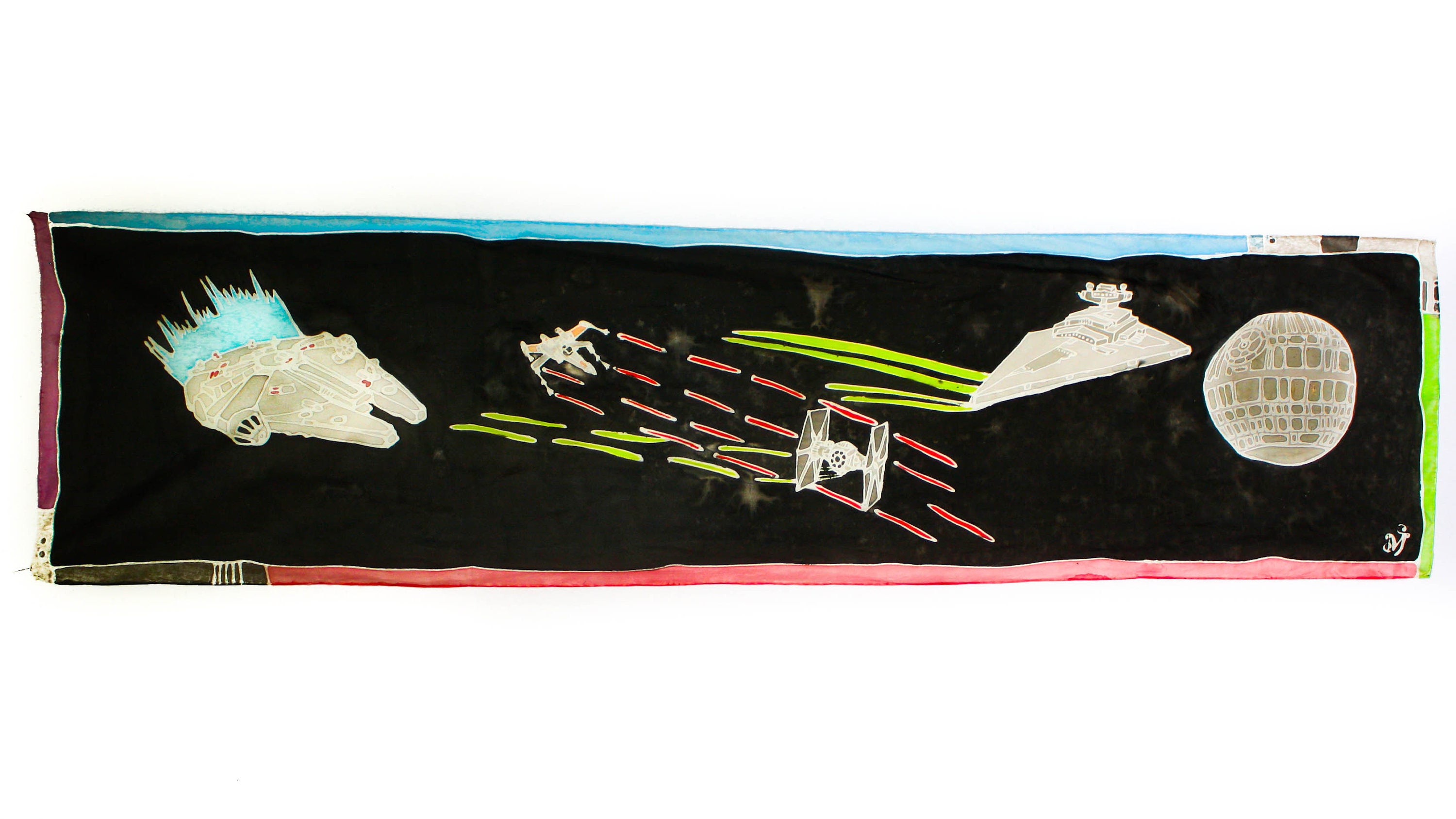 Hand Painted Star Wars Silk Scarf. Millennium Falcon. Death Star. Star ...