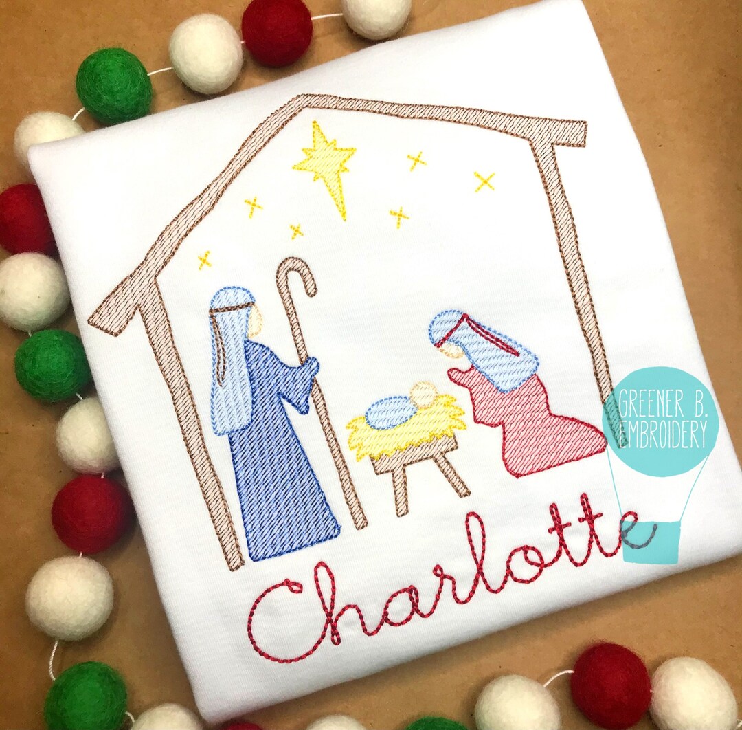 Personalized Nativity Christmas Shirt – Sketch Manger Embroidery, Baby ...
