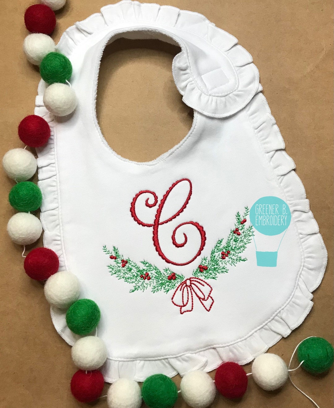 Girl Christmas Bib / Christmas Wreath Embroidery / Christmas Holly ...