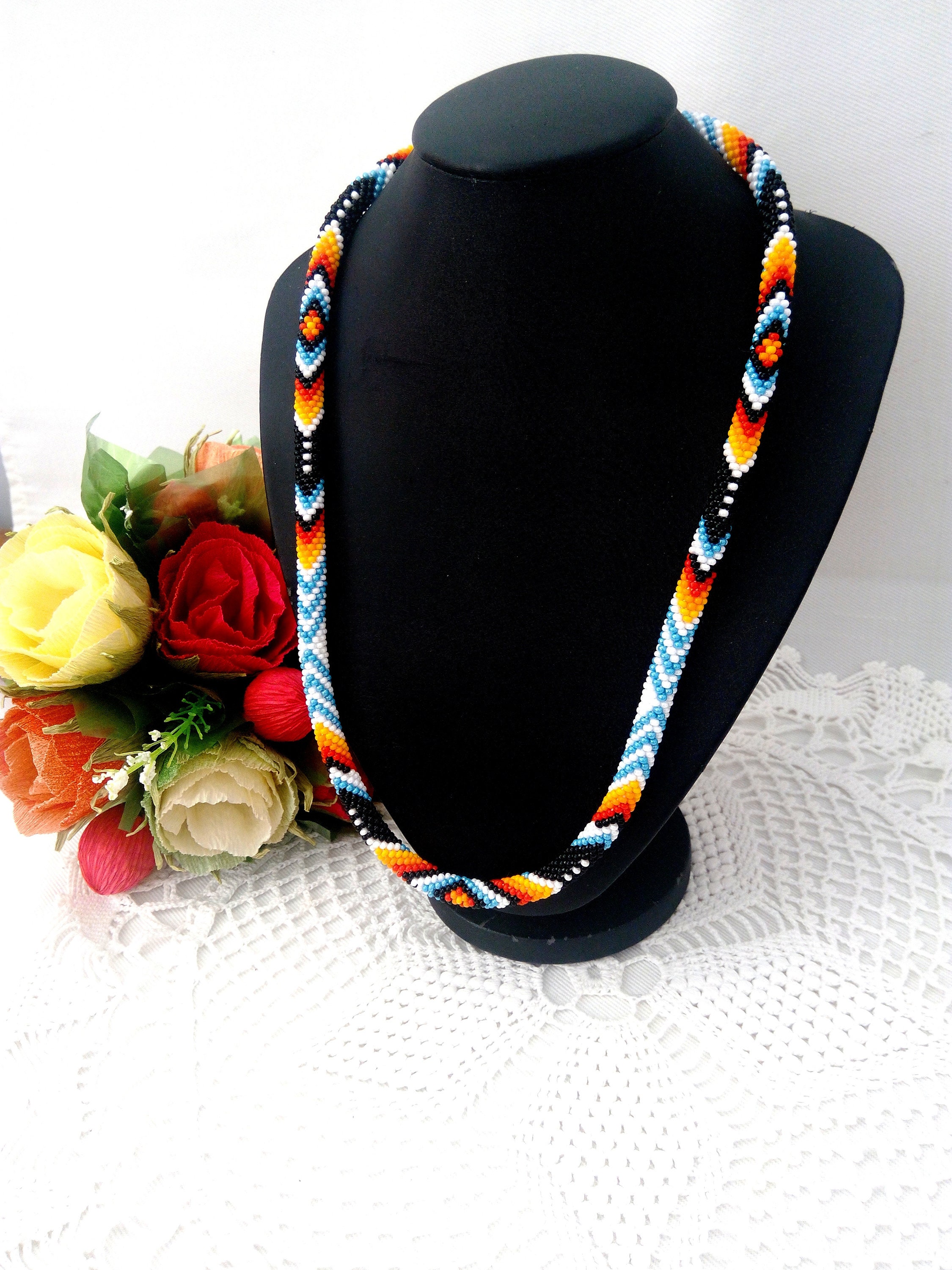 Blue Beaded Necklace Native American Style Indian Beads Necklace Ethnic ...