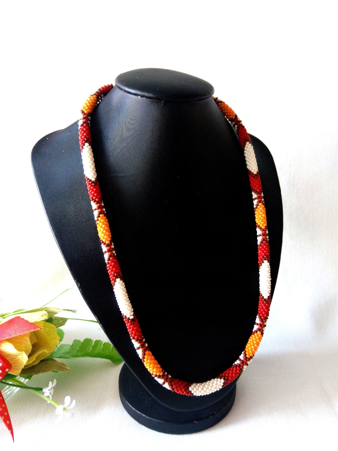 Bright Thin Beaded Necklace Native American Bead Necklace Crochet Rope ...