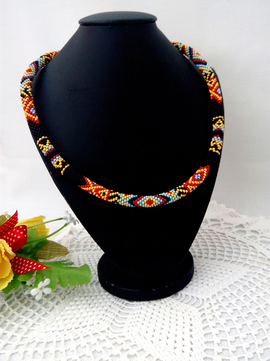 Beaded Rope Bright Geometric Pattern Black Thin Beaded Necklace Native ...