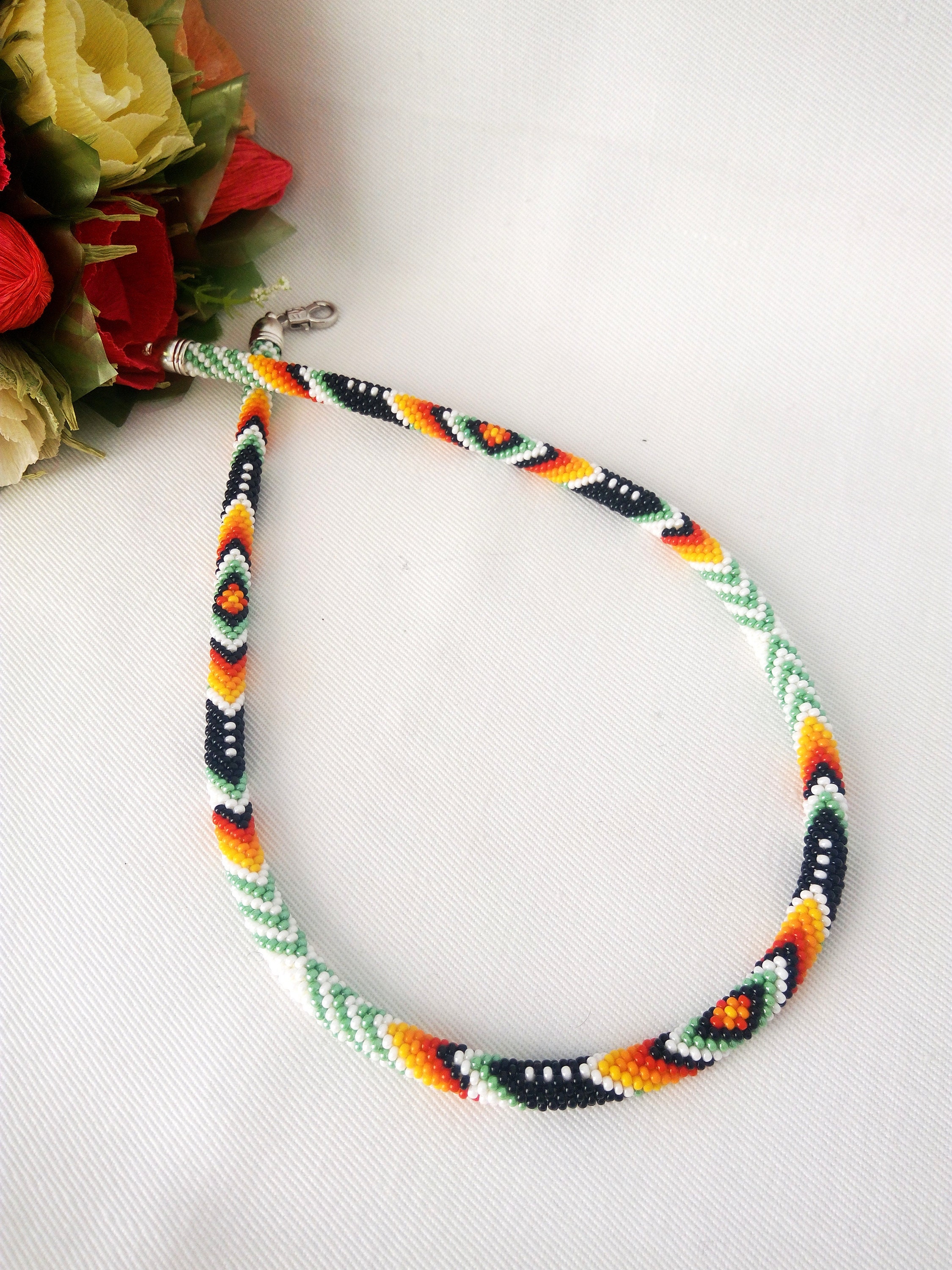 Native American Indian Bead Necklace Ethnic Thin Rope Green - Etsy