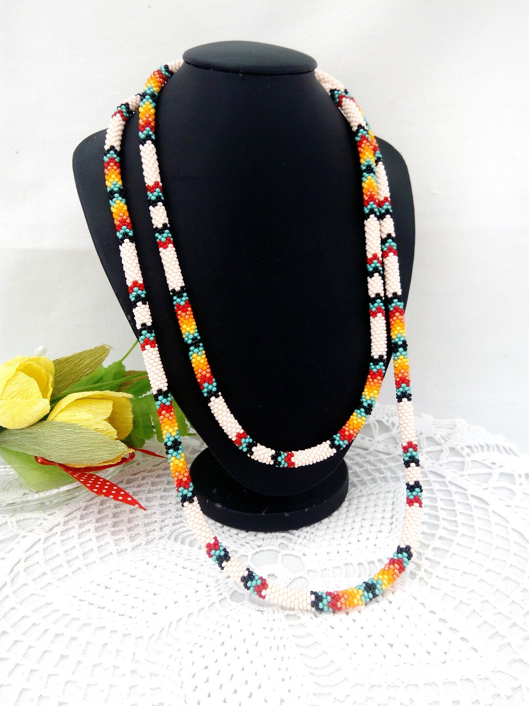 Long Lariat Necklace Native American Crochet Beaded Ethnic Tribal Thin ...