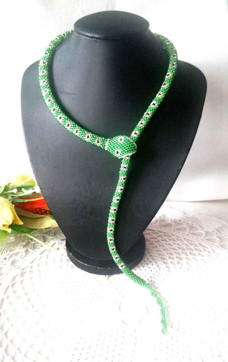 Green Necklace Shiny Snake Crochet Light Green Snake Bead Jewelry ...