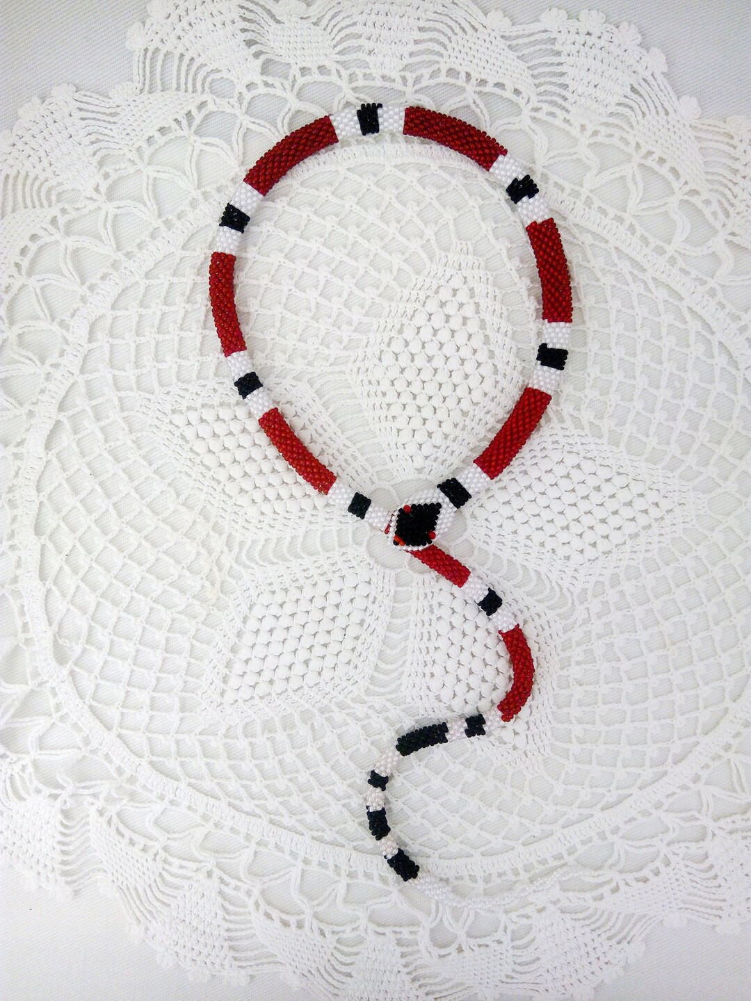 Red Snake Necklace Ouroboros Crocheted Bead Necklace Beads Snake Choker ...