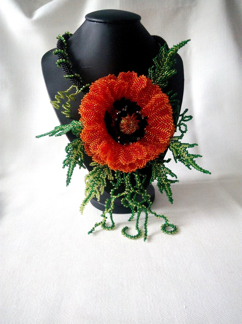 Necklace Red Poppy Jewelry Beaded Red-yellow Poppy Flower Thin - Etsy