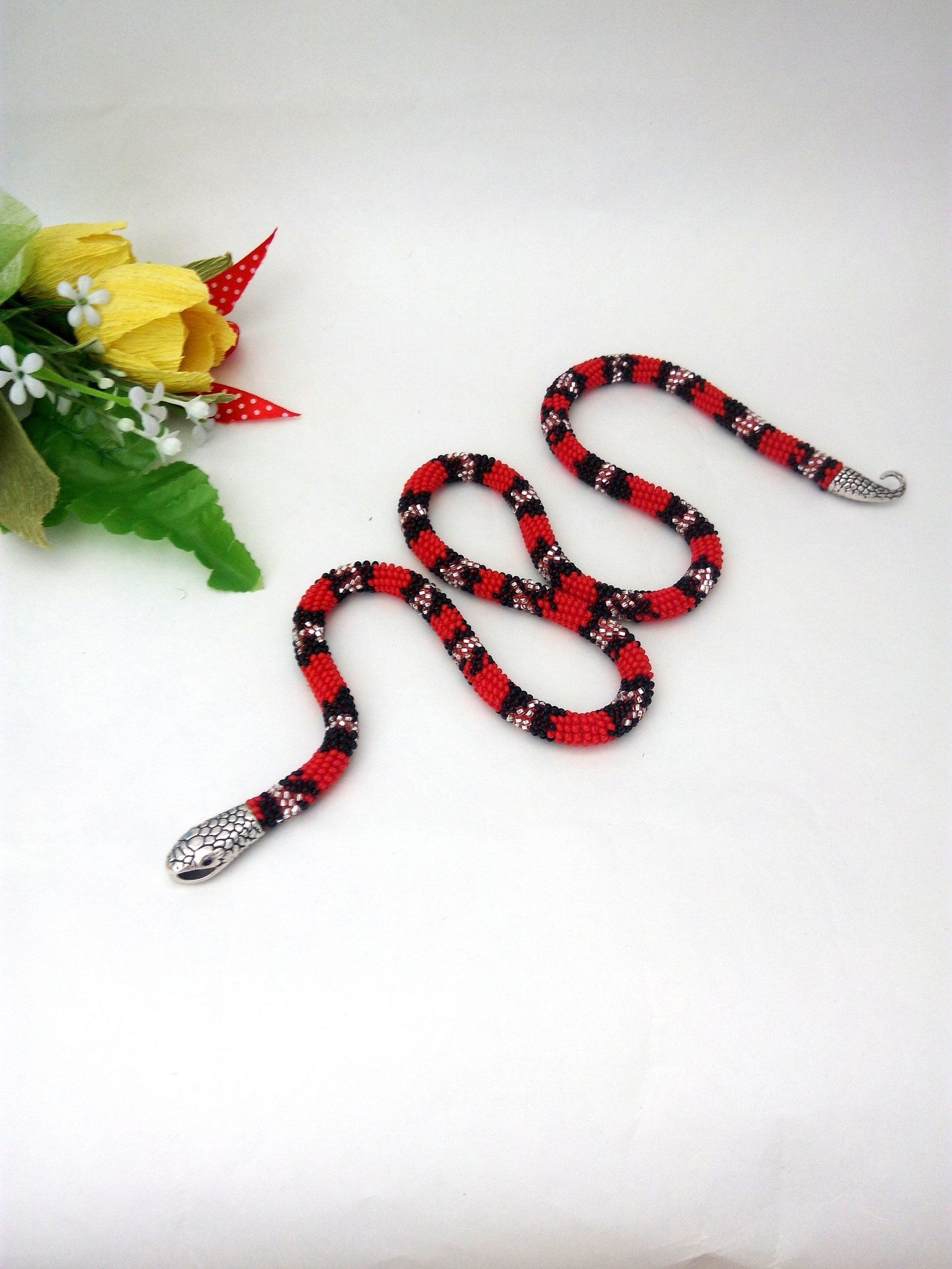 Necklace snake Red beads crochet Jewelry beads Red snake | Etsy